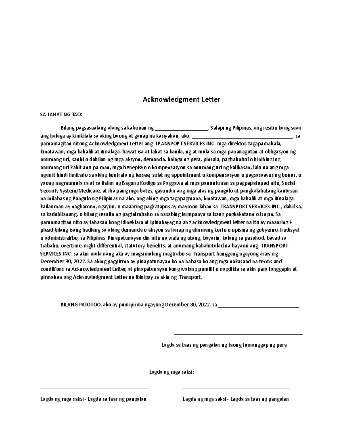 Release AND Quitclaim-2022 - Copy - Acknowledgment Letter SA LAHAT NG ...