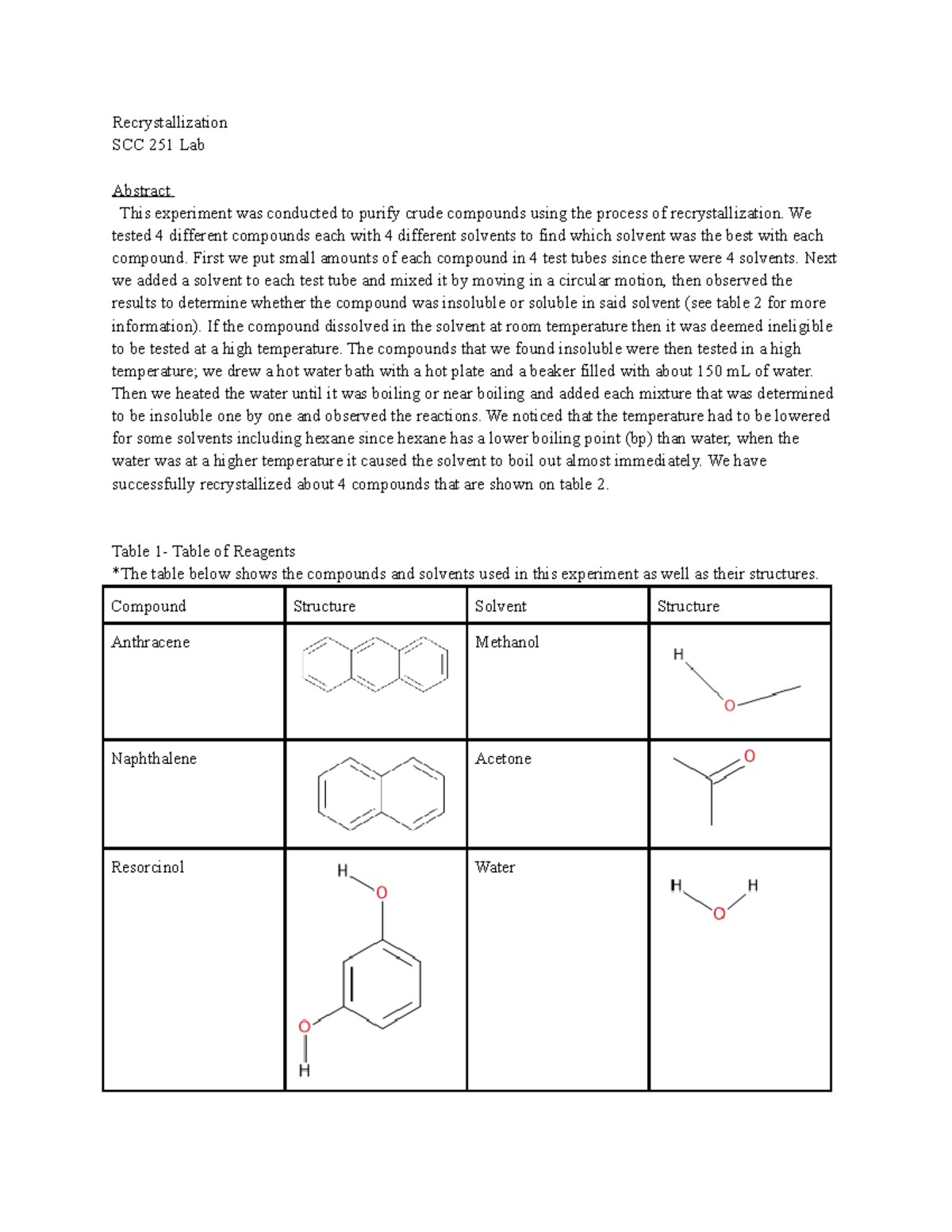 Recrystallization Lab Report 2 - Recrystallization SCC 251 Lab Abstract ...