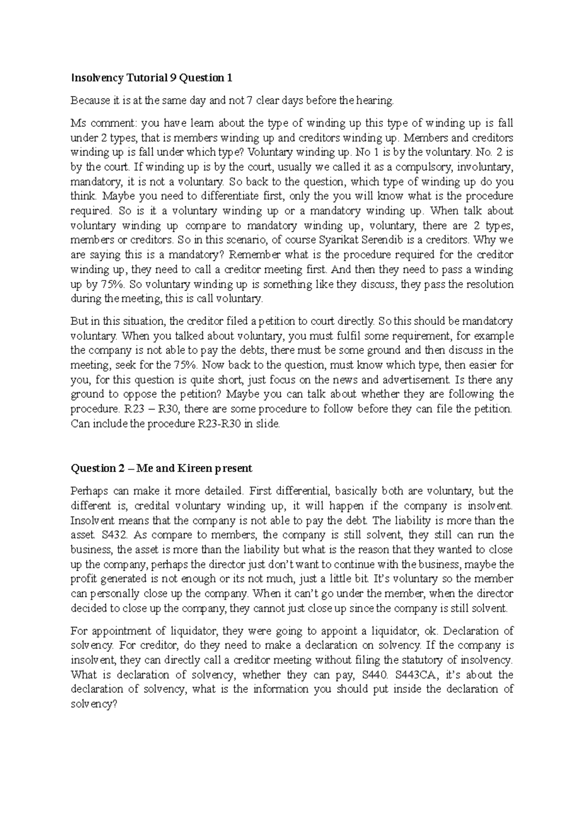 Tutorial 9 Question 1 - Insolvency Tutorial 9 Question 1 Because it is ...