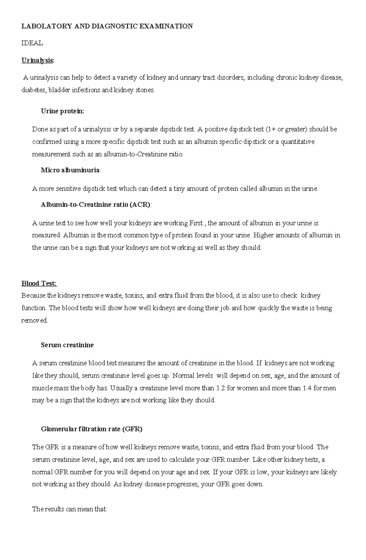LABoratory TESTS - LABOLATORY AND DIAGNOSTIC EXAMINATION IDEAL ...