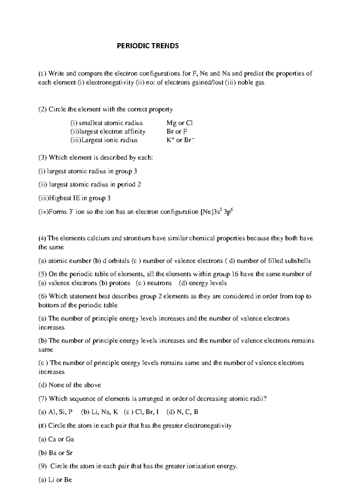Periodic Trends Practise Questions - PERIODIC TRENDS (1) Write and ...