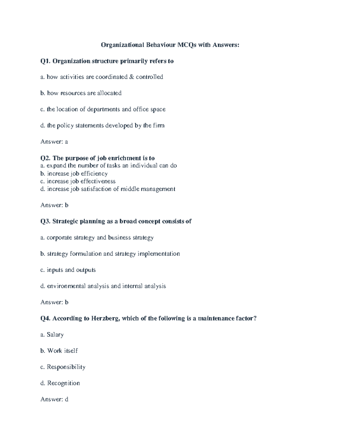 OB MCQ - OBJECTIVE TYPE QUESTIONS - Organizational Behaviour MCQs with ...
