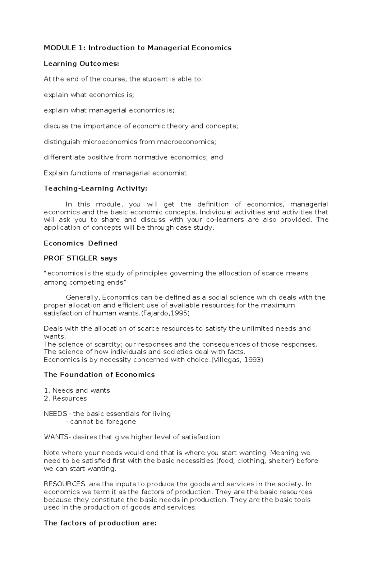 Module 1AE 101 - MODULE 1: Introduction to Managerial Economics Learning Outcomes: At the end of ...