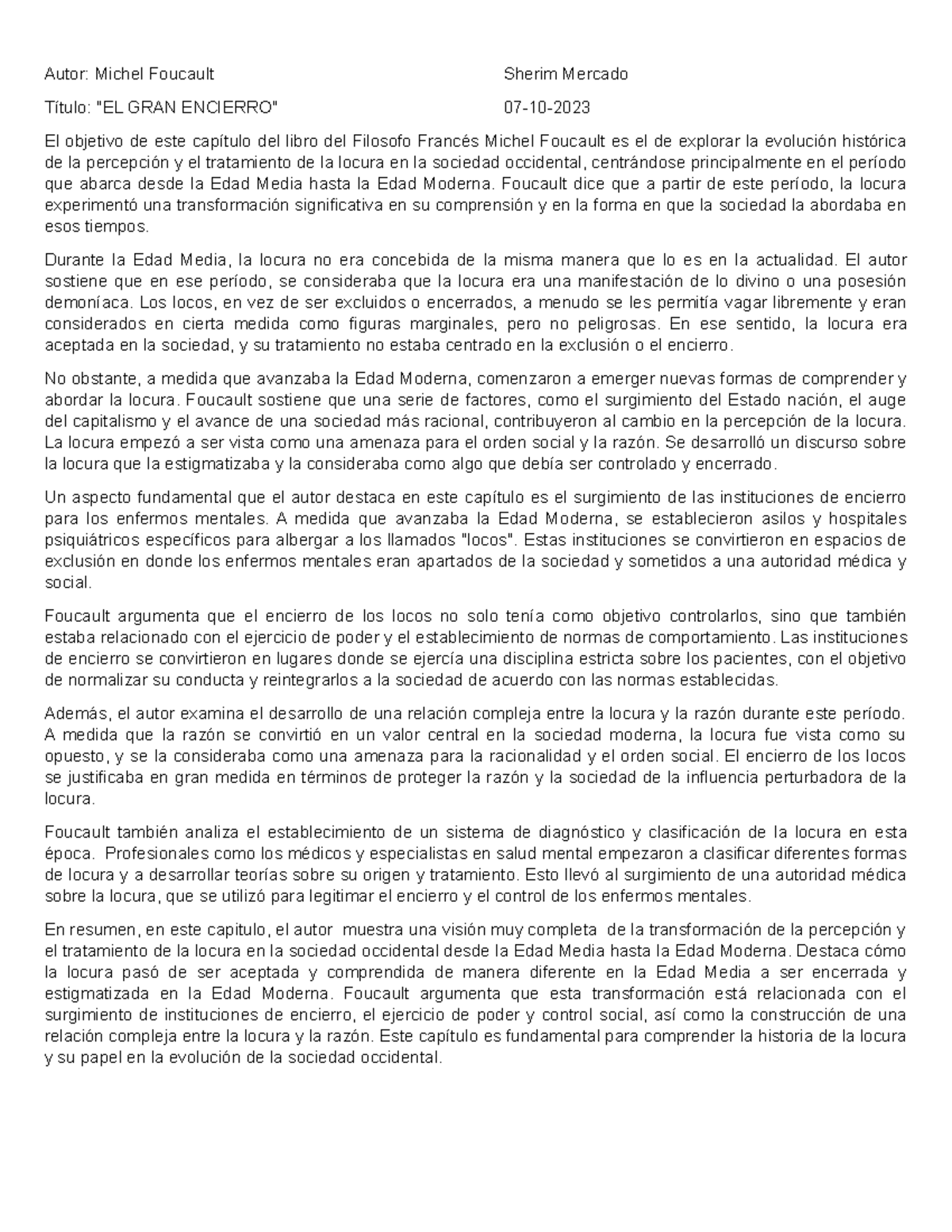RAE Foucault Sherim 2 - Uuuuuuu - Autor: Michel Foucault Título: "EL ...