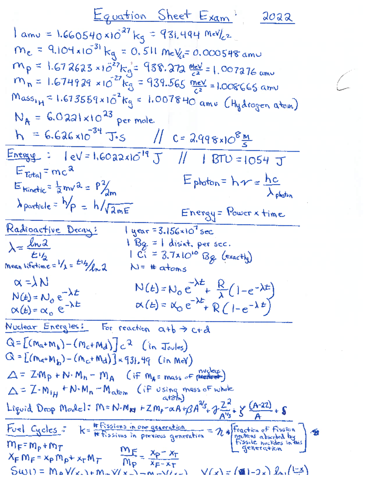 Final Exam Full Equation Sheet - Equation Sheet Exam 2022 I amu kg 931 ...