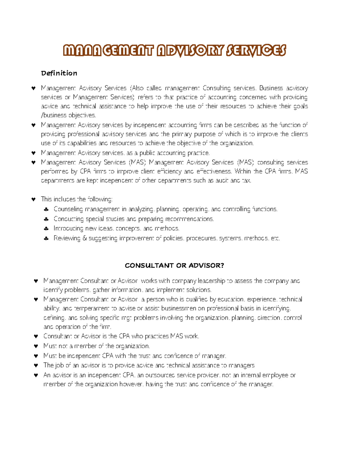 Strat MNGT Notes - MANAGEMENT ADVISORY SERVICES Definition Management ...