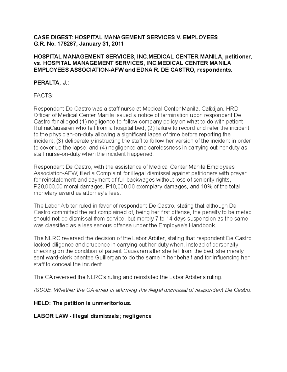 9 - Case Digest - CASE DIGEST: HOSPITAL MANAGEMENT SERVICES V ...