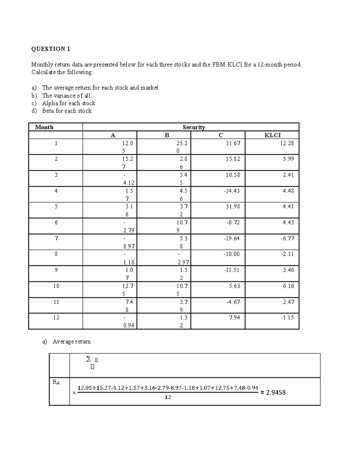 Tutorial 4 Single index model (SIM) - Monthly return data are presented ...