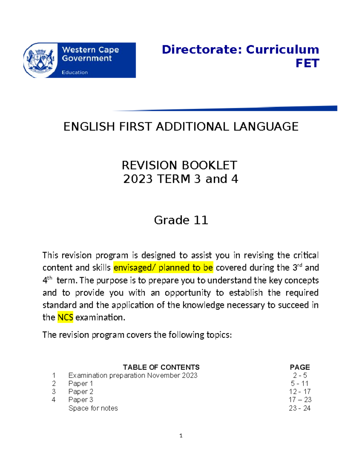 EFAL Grade 11 Revision Term 3 and 4 - Directorate: Curriculum FET ...