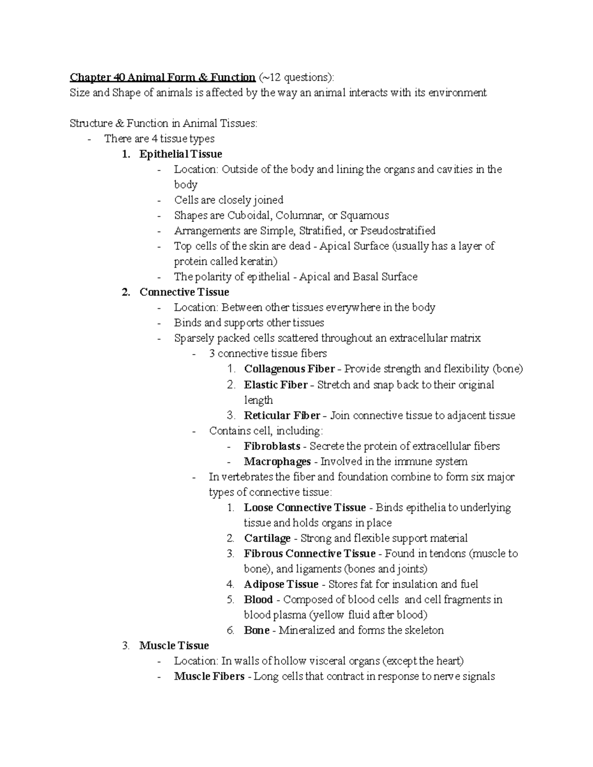 Biology II Lecture Exam 2 (40, 41, 42, 42) - Chapter 40 Animal Form ...