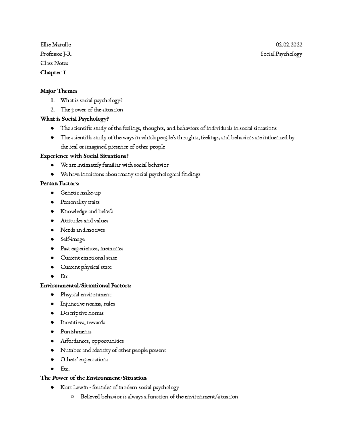 Chapter 1 - Class Notes (02 - Ellie Marullo 02. Professor J-R Social ...
