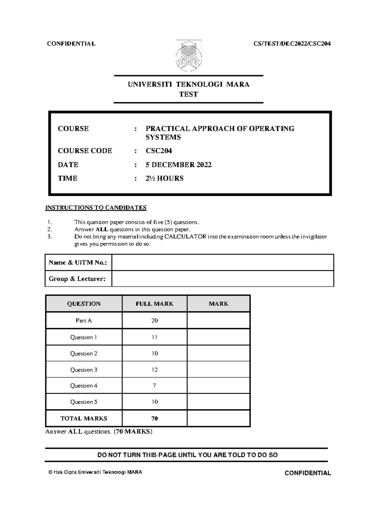 CSC204 Test Nov22 Questions - DO NOT TURN THIS PAGE UNTIL YOU ARE TOLD ...