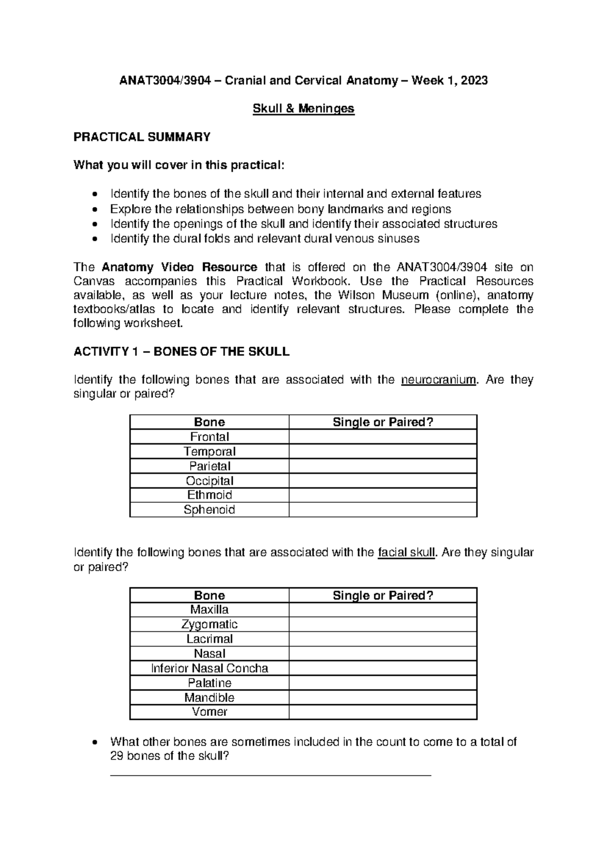 W1 Practical Worksheet (Skull) Student 2023-2 - ANAT3004/3904 – Cranial ...