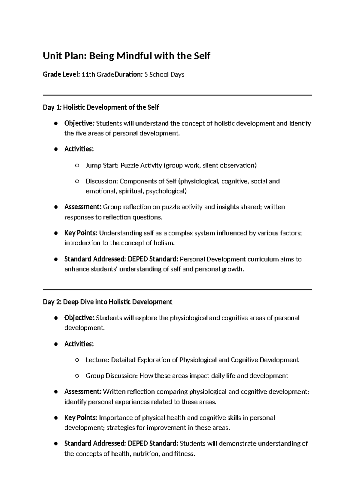 PDO2 DLP - Notes - Unit Plan: Being Mindful with the Self Grade Level ...