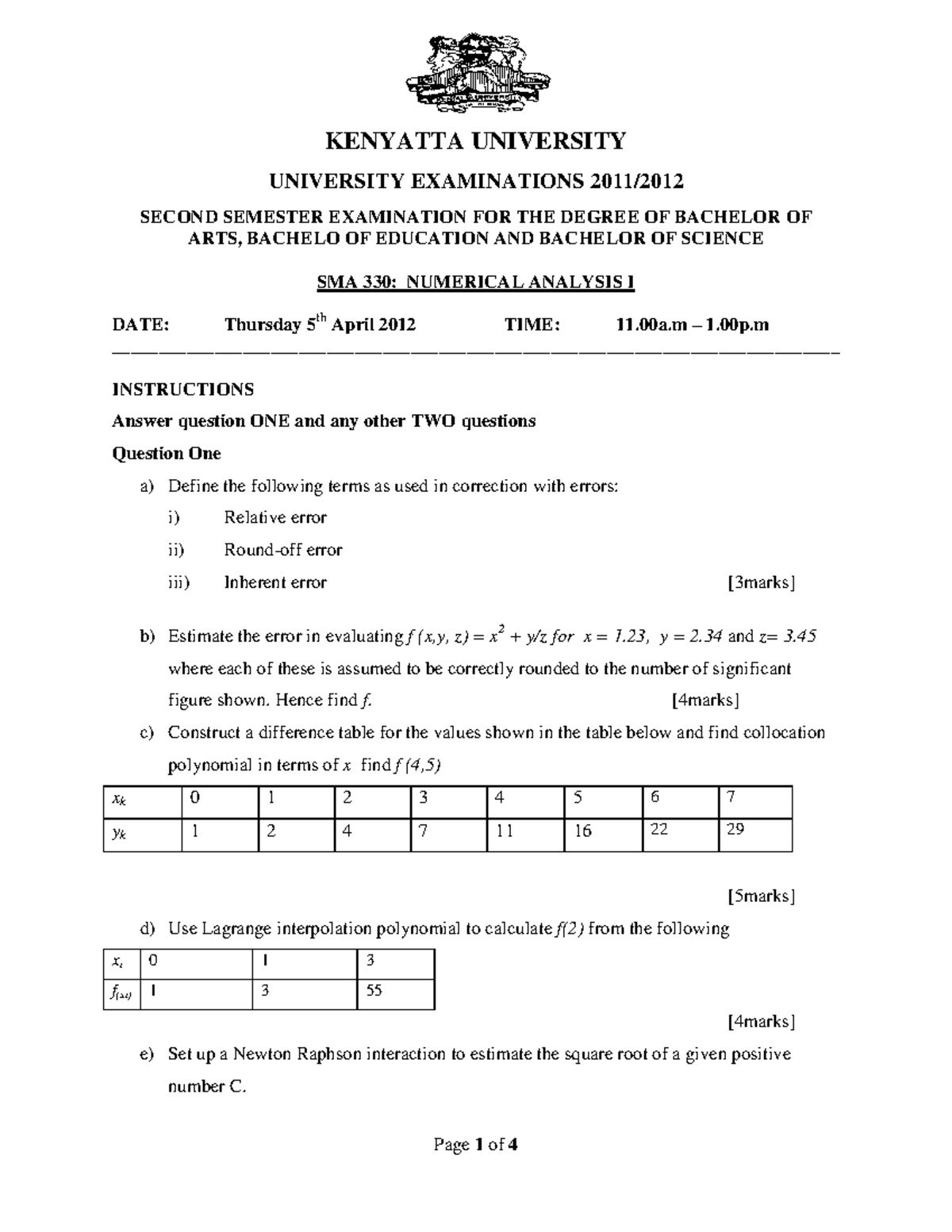 SMA330 2012 0405 - Continuous Assessment Test - KENYATTA UNIVERSITY ...
