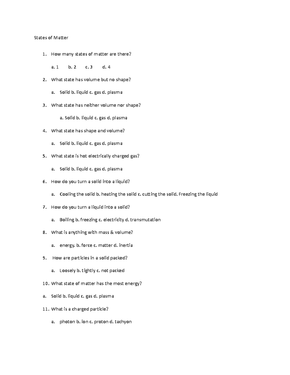 States of Matter Test 2 - 30 question easy multiple choice test ...