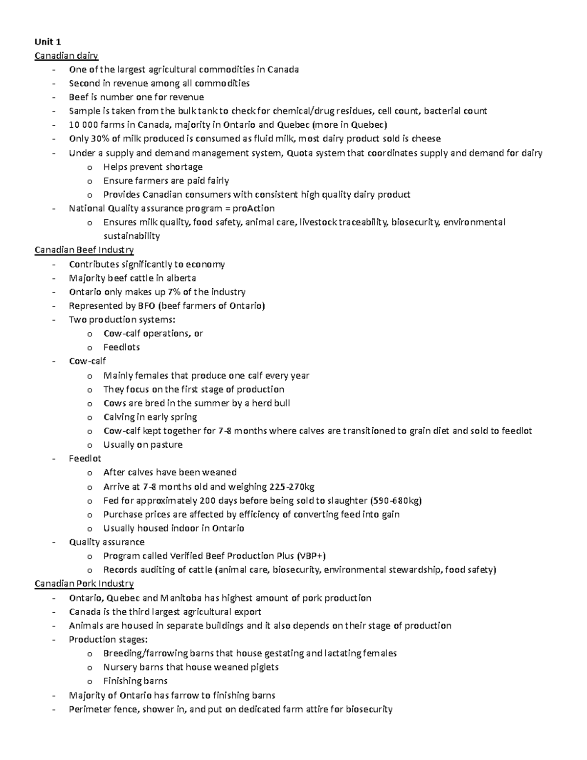 Animal Health Notes Unit 1-4 - Unit 1 Canadian dairy - One of the ...