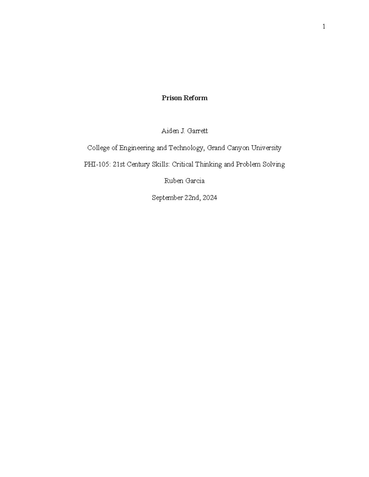 Persuasive Essay- Prison Reform­ Topic 7 - Prison Reform Aiden J ...