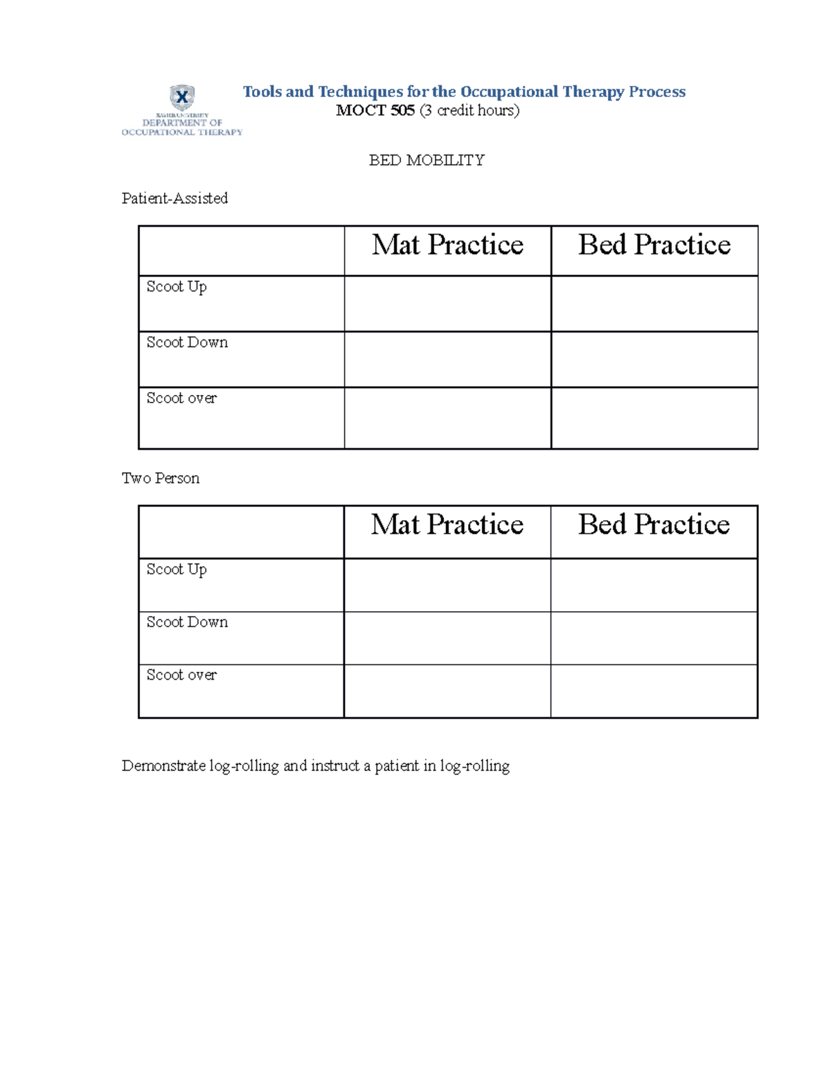 Transfer LAB Worksheet-1 - MOCT 505 (3 credit hours) BED MOBILITY ...
