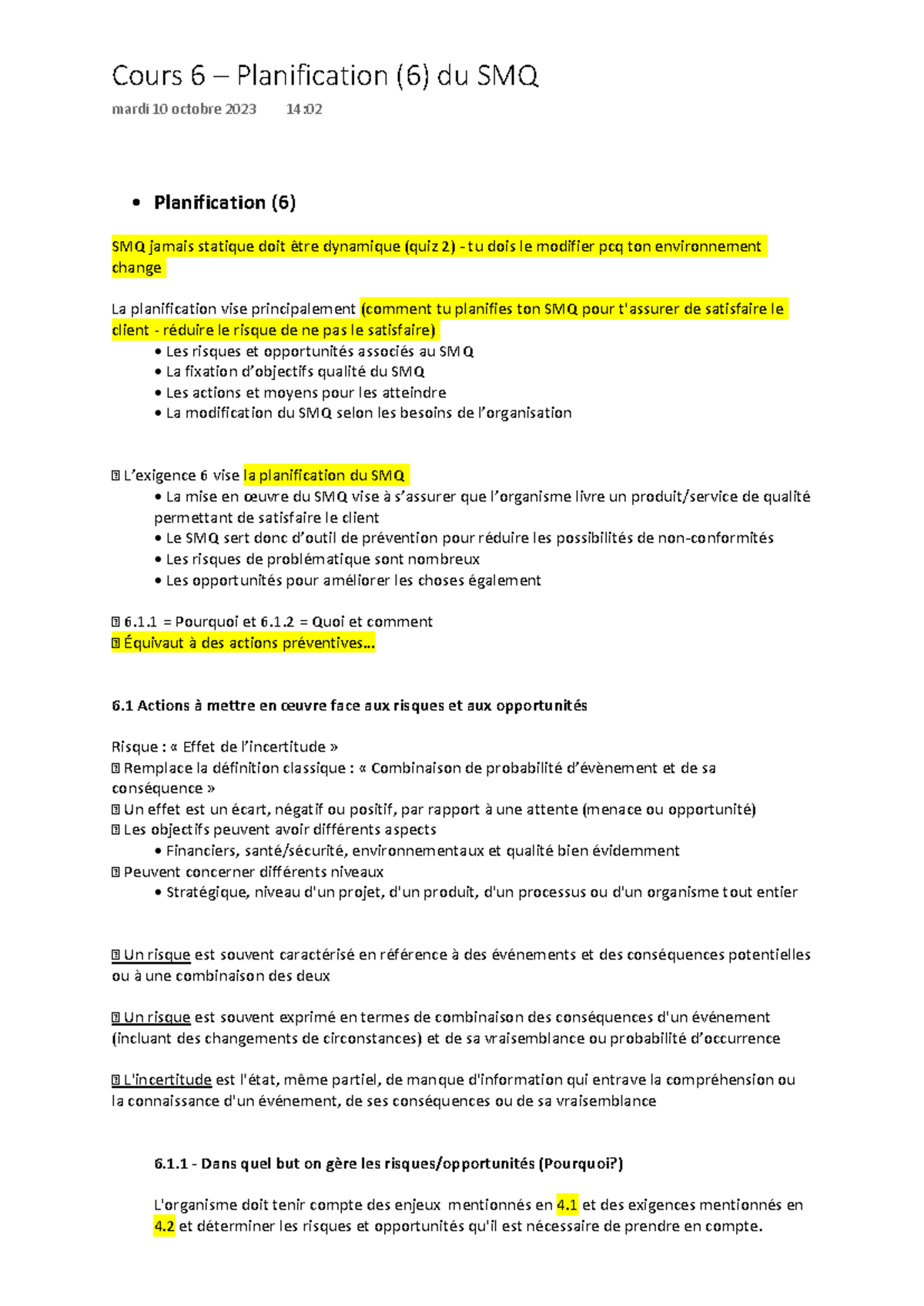 Cours 6 - Planification (6) du SMQ - • Planification (6) SMQ jamais ...