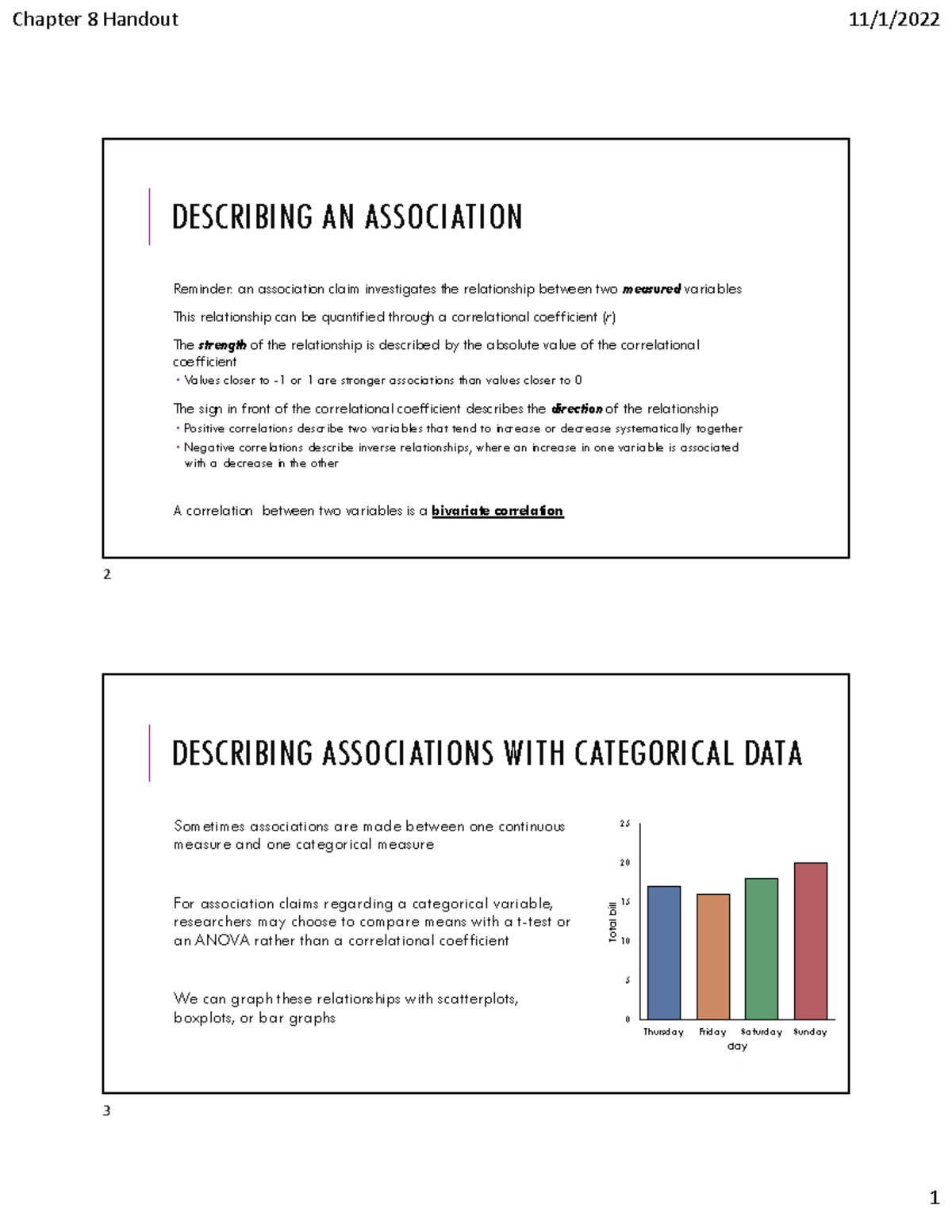 Chapter 8 Handout - DESCRIBING AN ASSOCIATION Reminder: an association ...