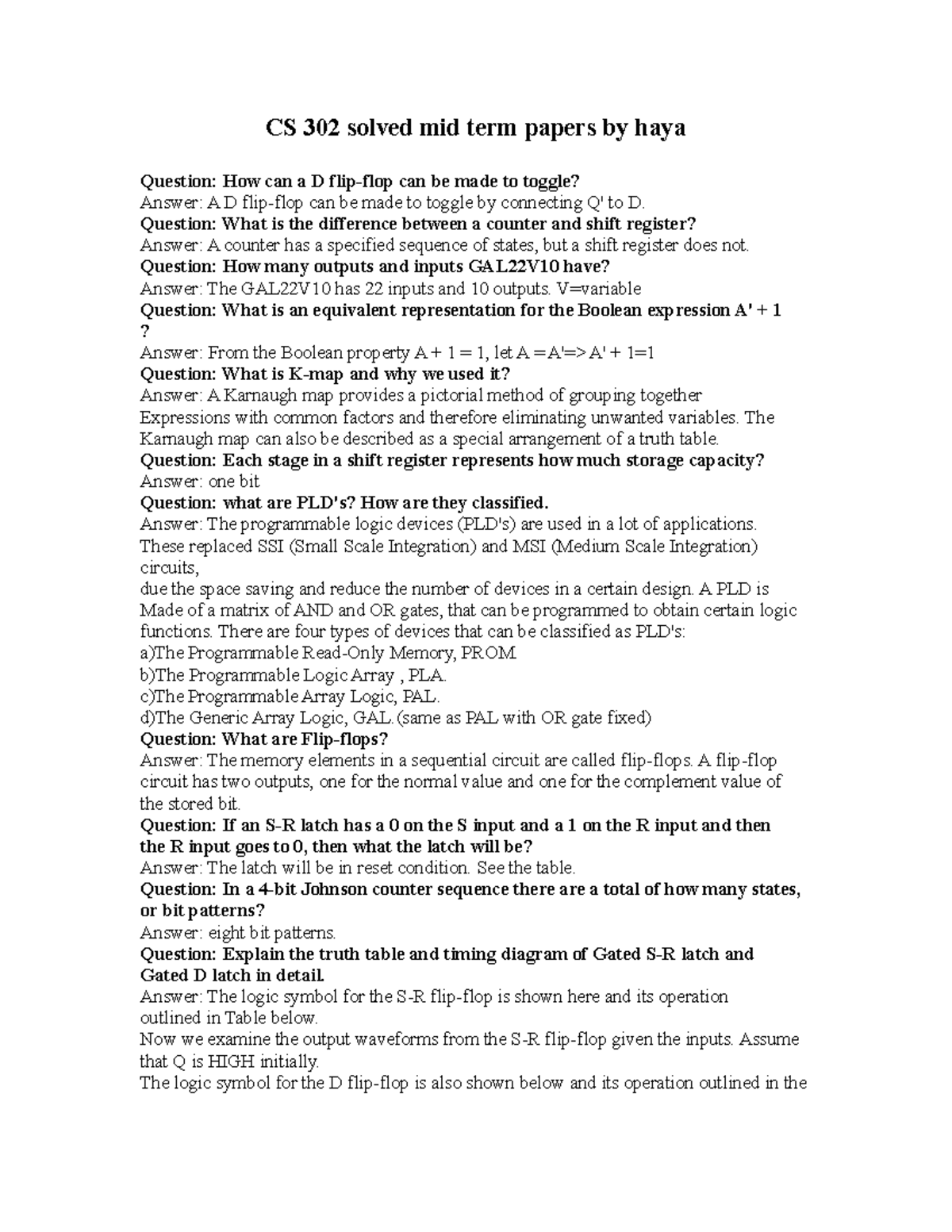 CS302 Short notes and Subjetive Paper for Midterm - CS 302 solved mid ...