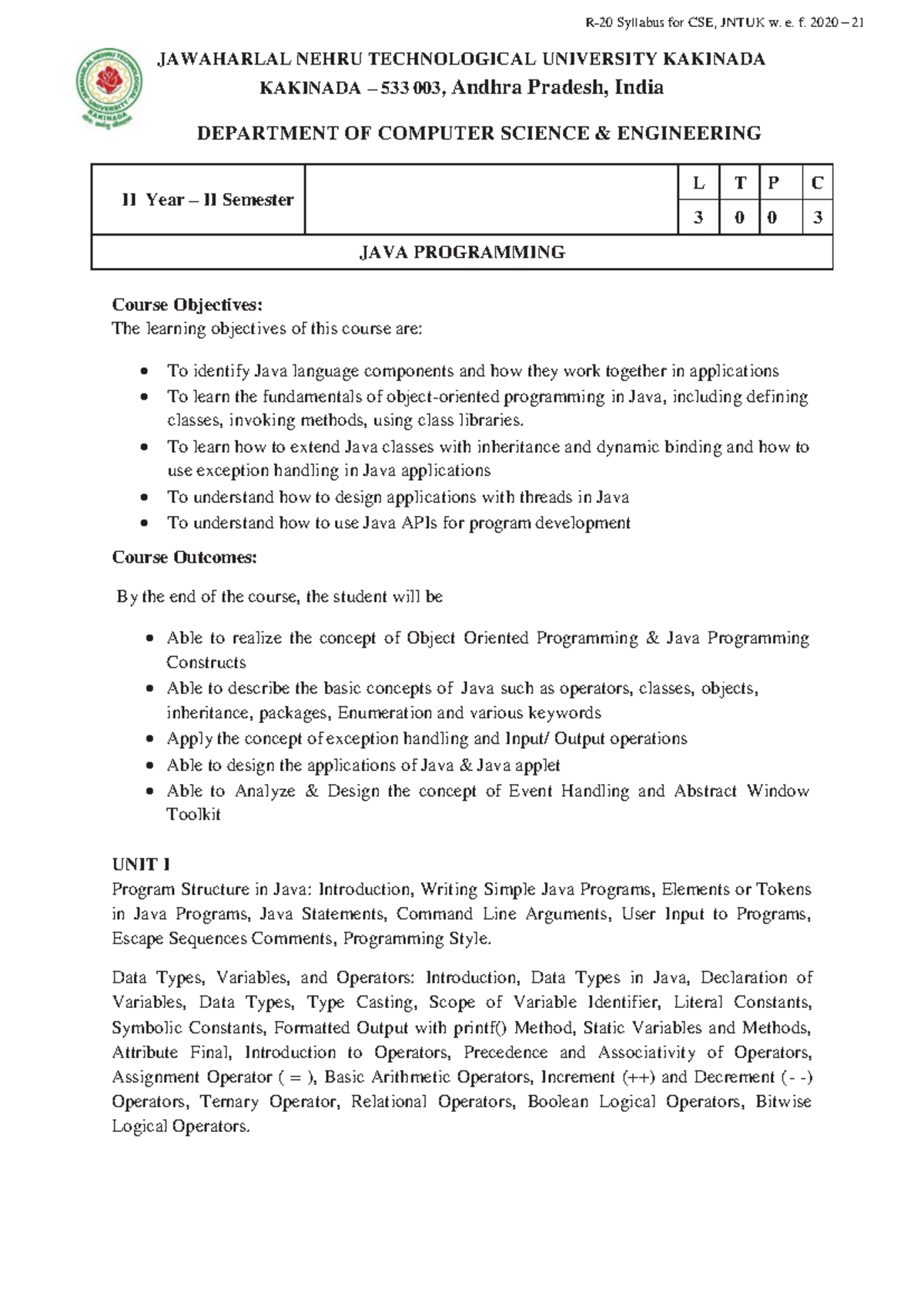 Java sylabbus - jaava sylabus r20 - R-20 Syllabus for CSE, JNTUK w. e ...