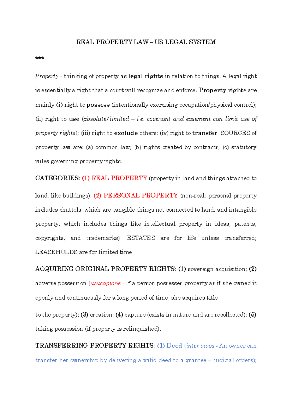 OVERVIEW - Real Property-overview-fee simple - SUMMARY+CLASS NOTES ...