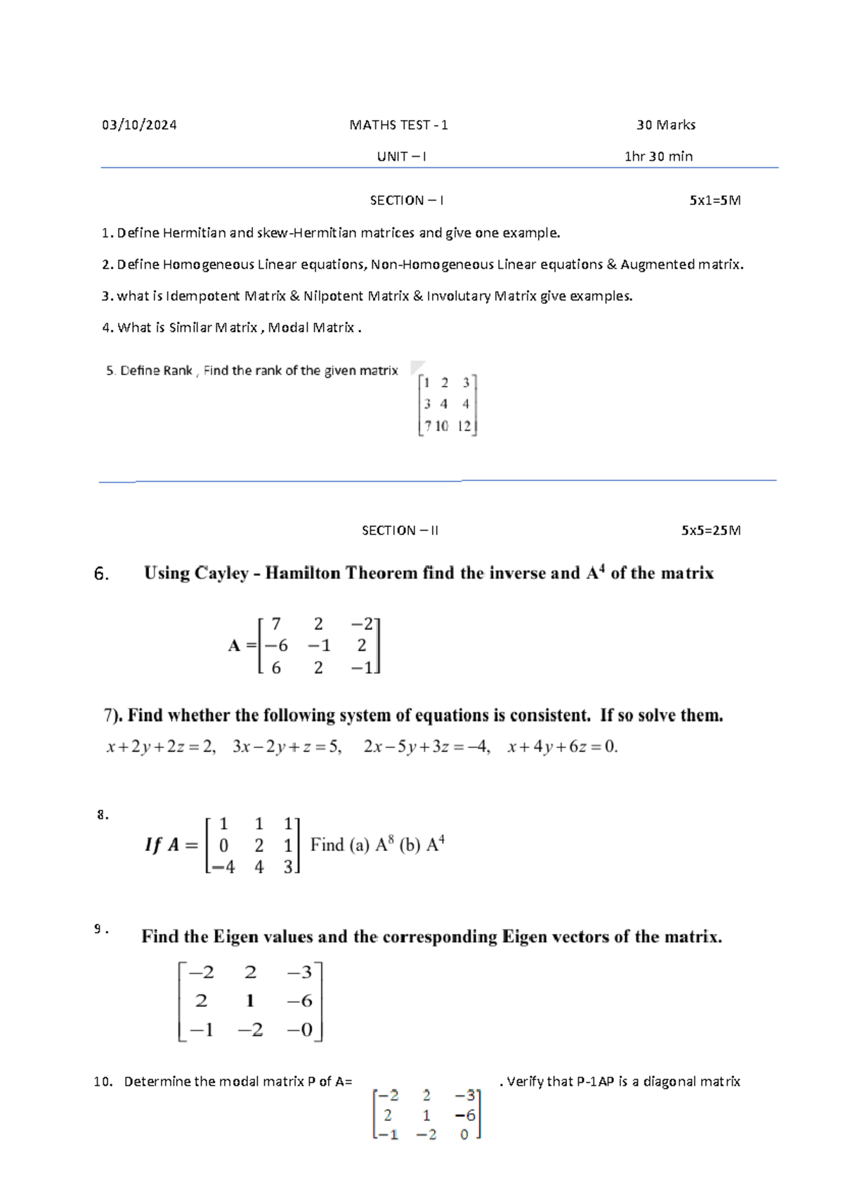 Tuition Maths test-3 - question paper - 03 /10/2024 MATHS TEST - 1 30 ...