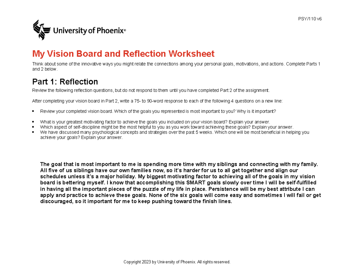 Psy110 v6 wk5 my vision board and reflection worksheet - PSY/110 v My ...