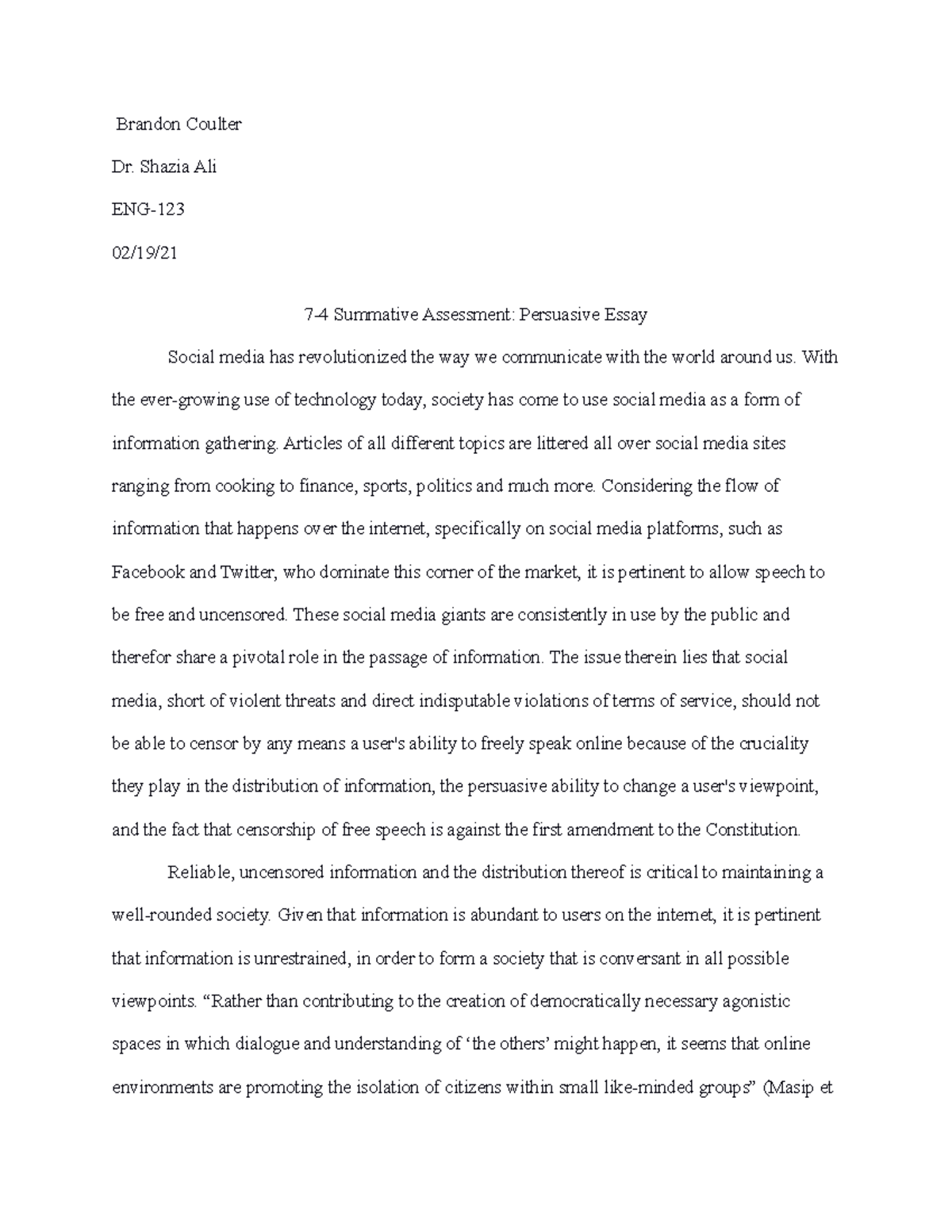 7-4 Summative Assessment Persuasive Essay - Brandon Coulter Dr. Shazia ...