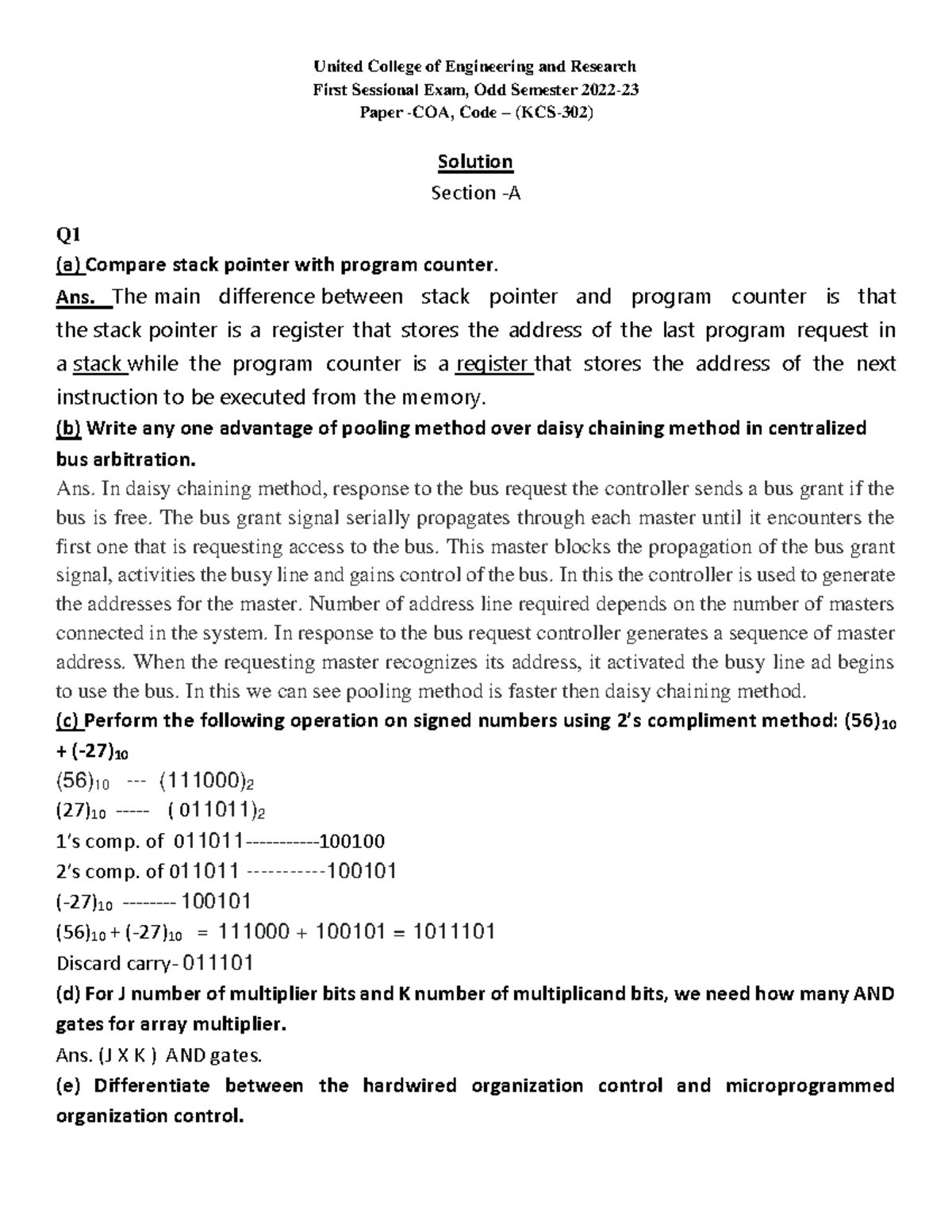 Solution COA - practice questiions - United College of Engineering and ...