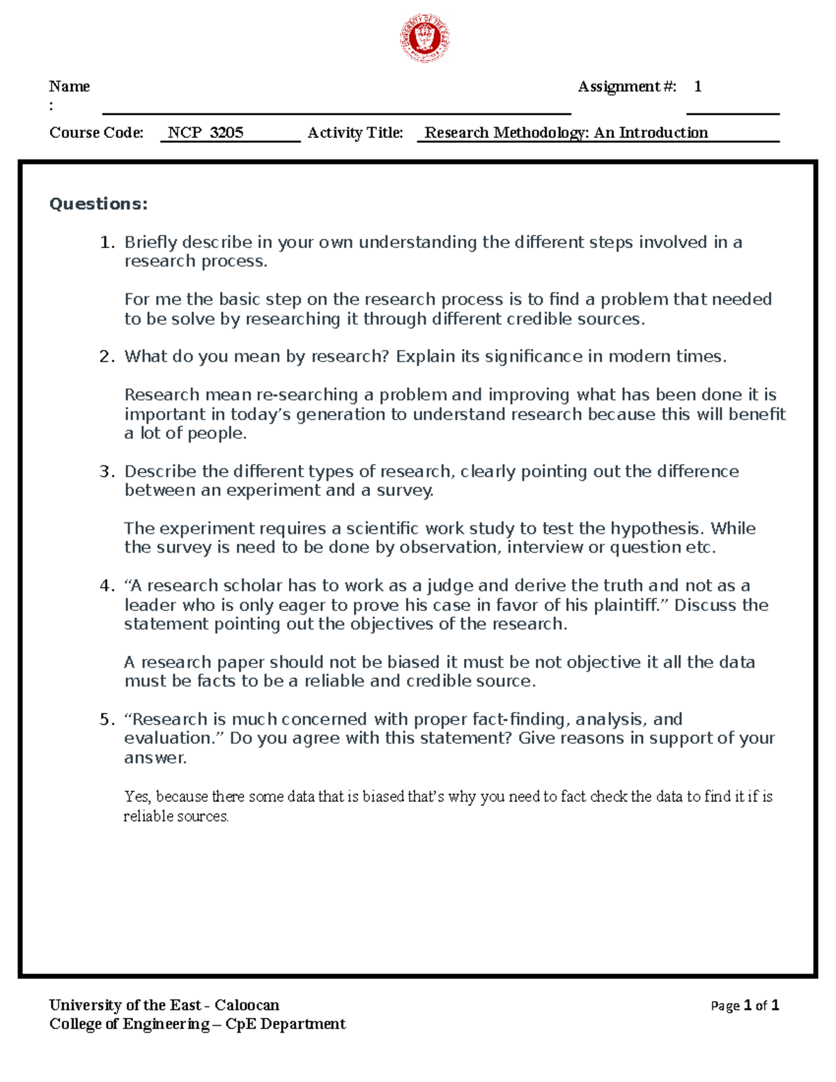 Research method Activity#1 - Name : Assignment #: 1 Course Code: NCP ...