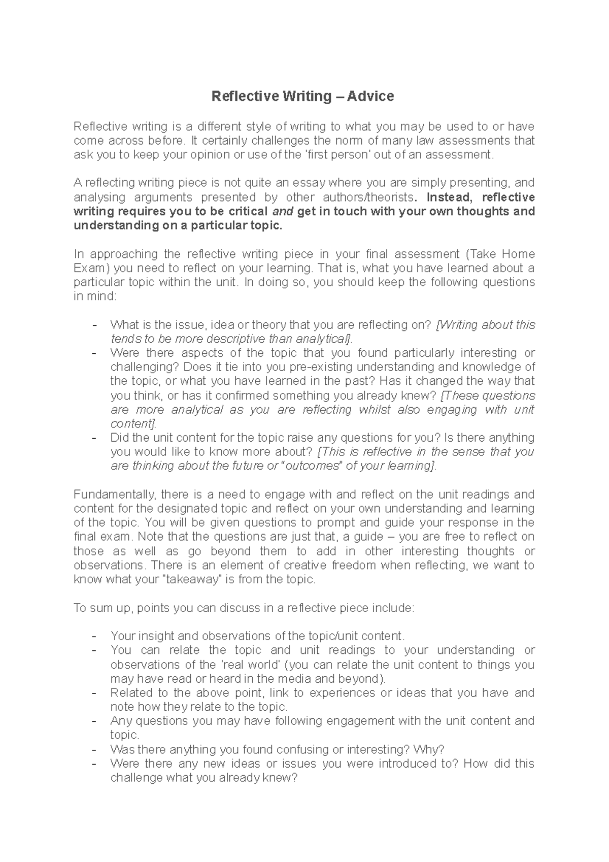 Reflective Writing Advice Guide - Reflective Writing – Advice ...