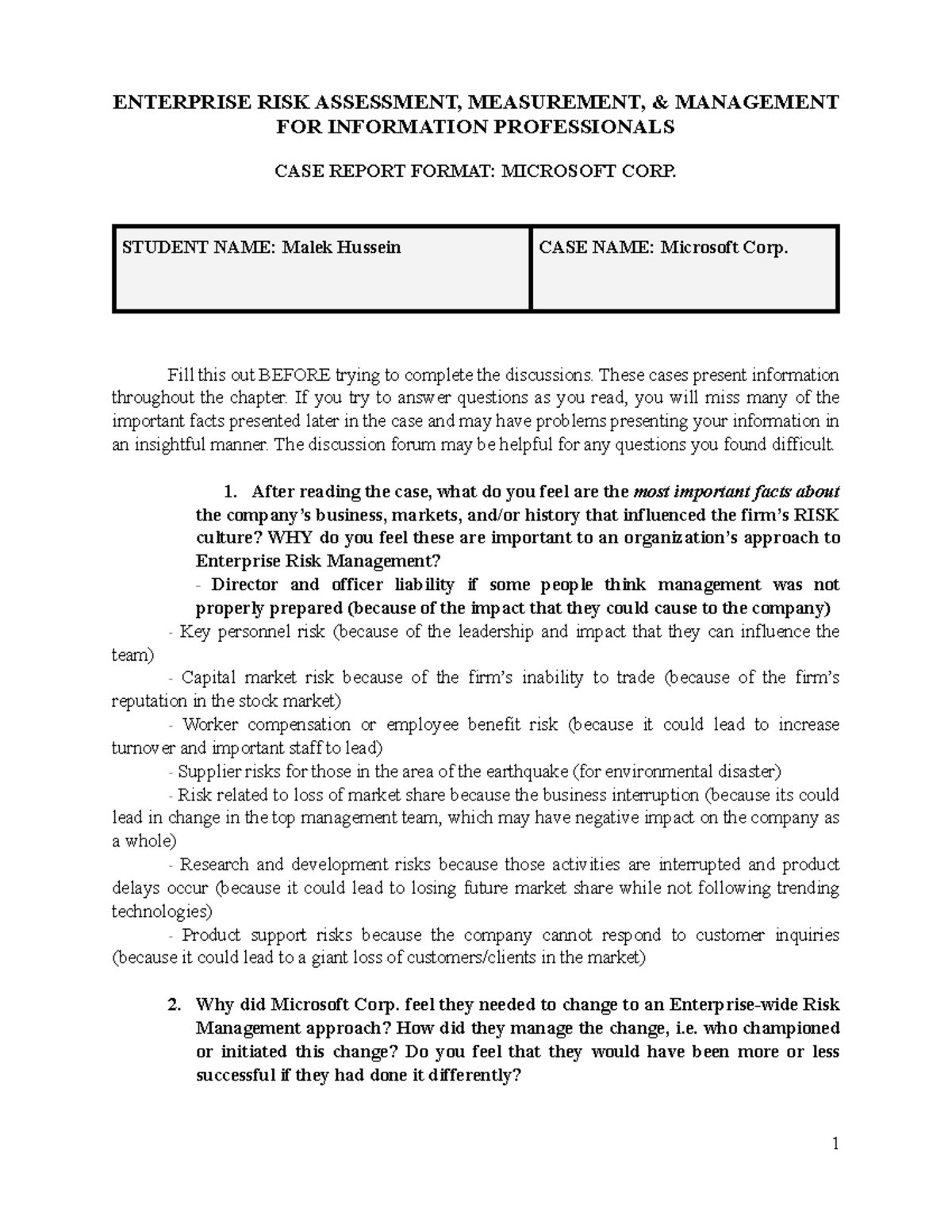 Microsoft worksheet Done - ENTERPRISE RISK ASSESSMENT, MEASUREMENT ...