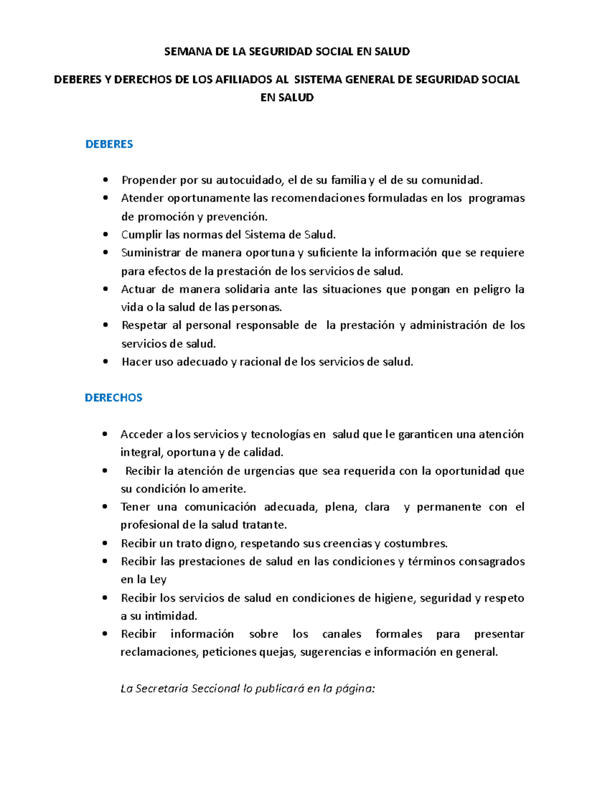 Deberes y Derechos De Los Afiliados Al Sgsss - SEMANA DE LA SEGURIDAD ...