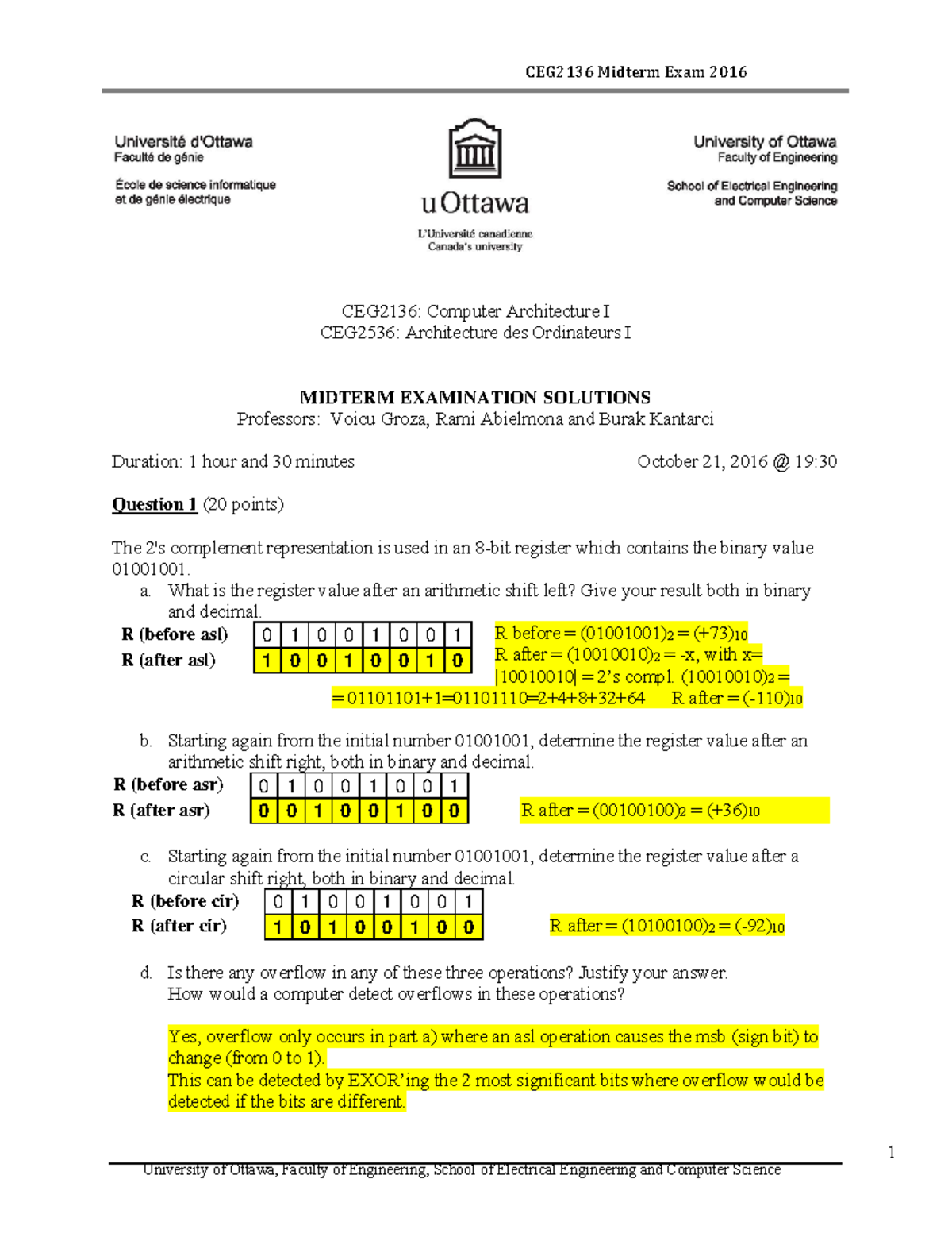 Midterm 2016 sol - 1 CEG2136: Computer Architecture I CEG2536: Architecture des Ordinateurs I ...