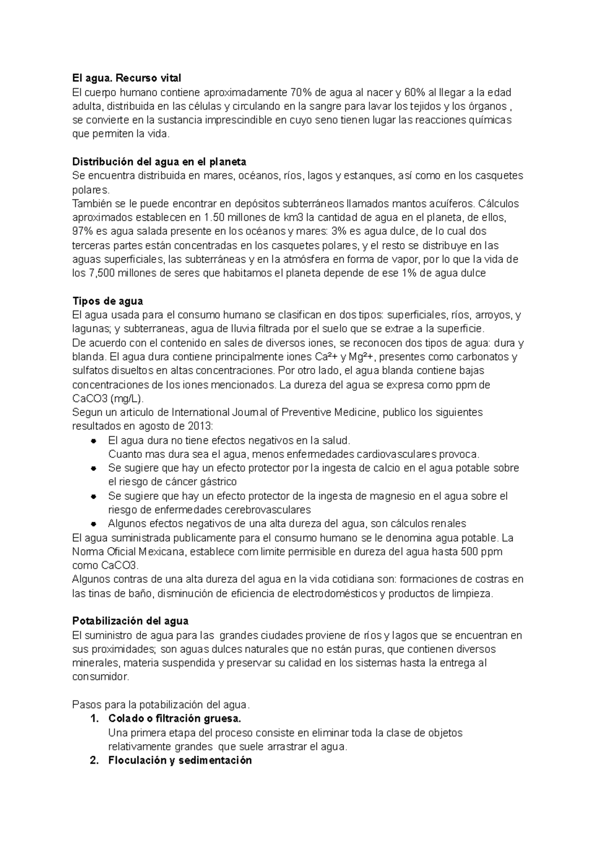 FQE EV2 removed - El agua. Recurso vital El cuerpo humano contiene aproximadamente 70% de agua ...