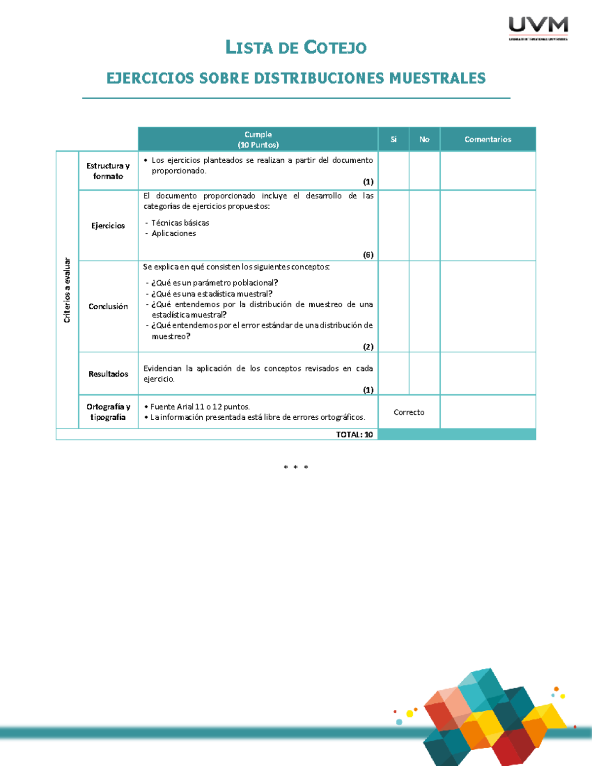 LC A1 Ejercicios - Estadistica Inferencial Aplicada - LISTA DE COTEJO EJERCICIOS SOBRE - Studocu