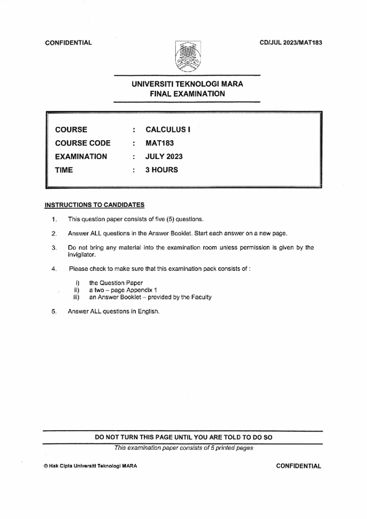 2023 JULY - MAT183 FINAL JULY 2023 - Calculus 1 - Studocu