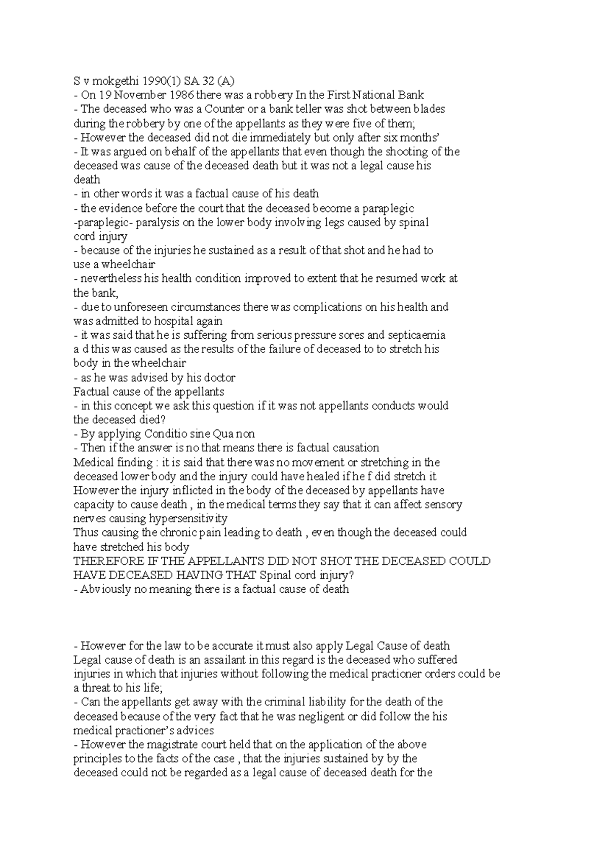S v mokgethi 1990(1) SA 32 (A) regarding legal causation - S v mokgethi ...
