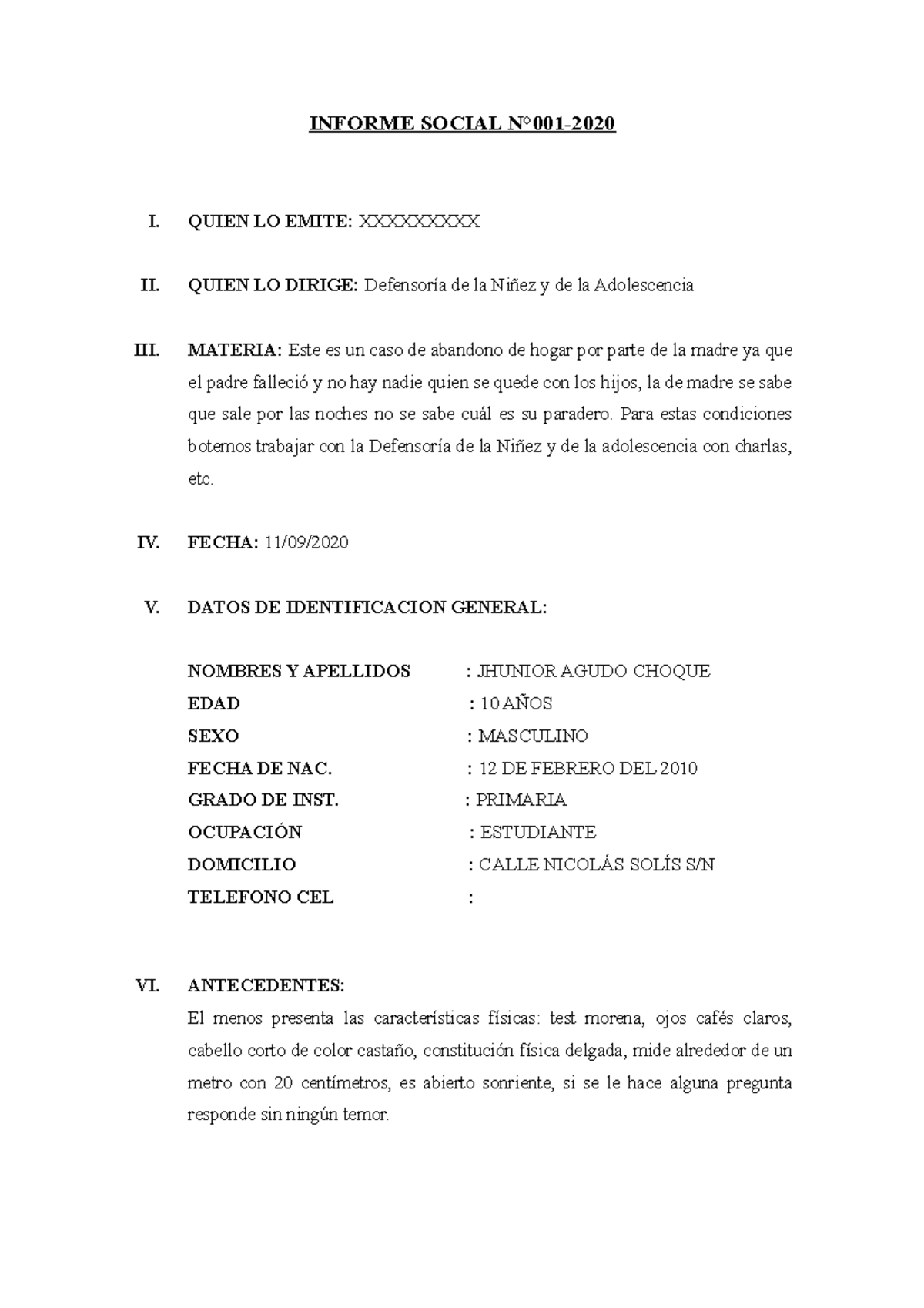 INFORME SOCIAL N°001-2020 - INFORME SOCIAL N°001- I. QUIEN LO EMITE ...