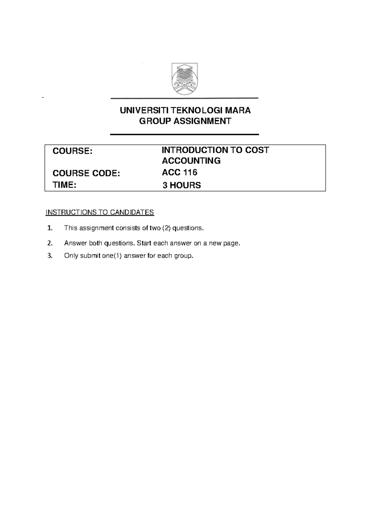ACC116 Group Assignment - UNIVERSITI TEKNOLOGI MARA GROUP ASSIGNMENT ...