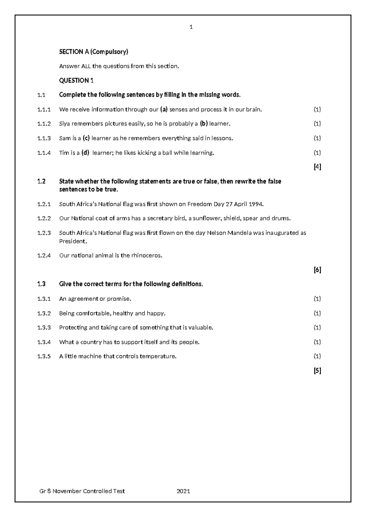 Gr8 November exam 2021 - 1 SECTION A (Compulsory) Answer ALL the ...