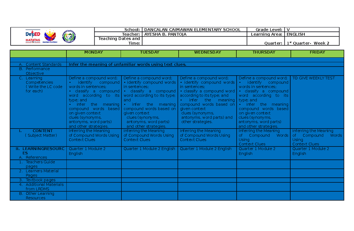 DLL WEEK 2 ENG - JSAKLKNSKNVAS - School: DANCALAN CAIMAWAN ELEMENTARY ...