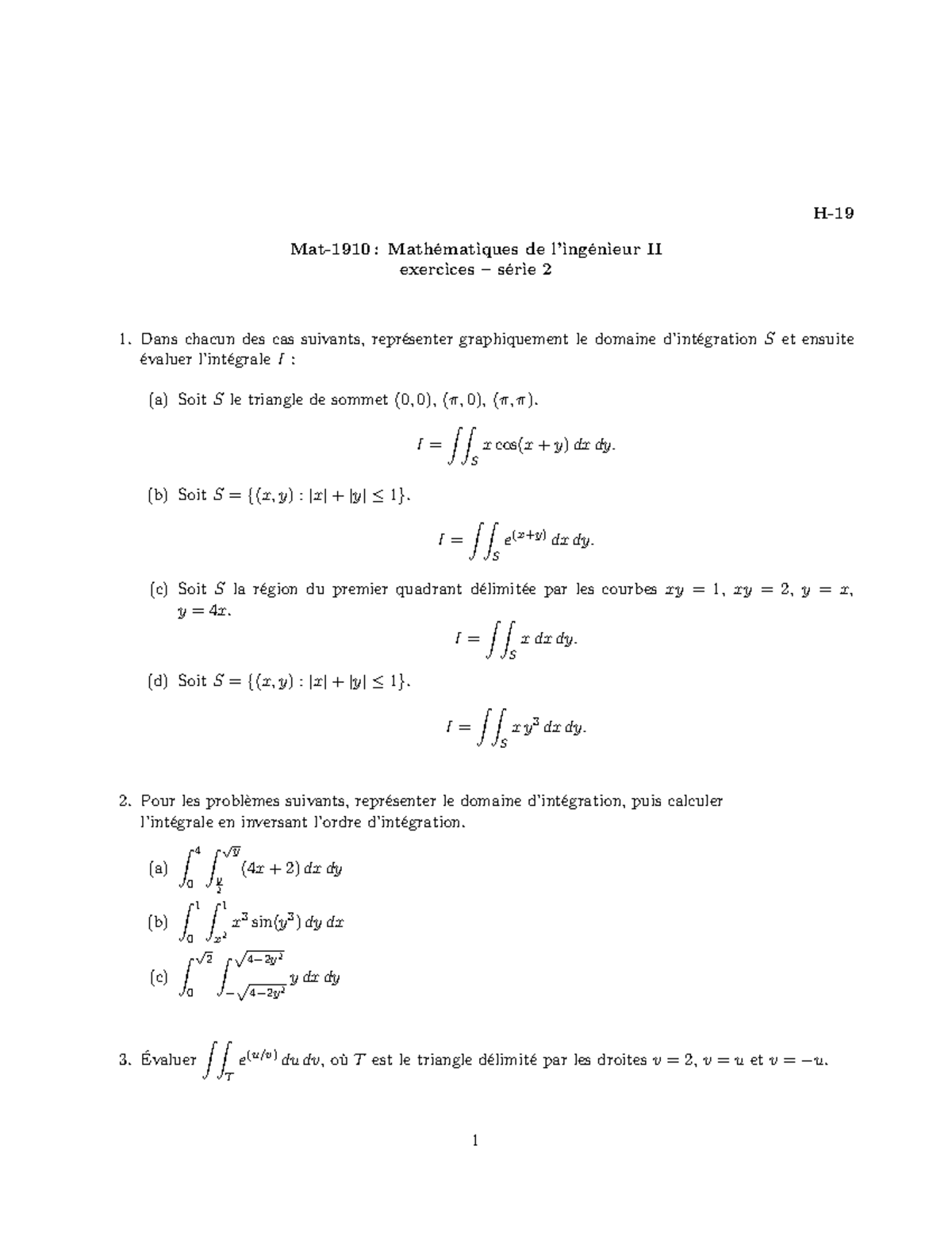 Exer - Exercices - H- Mat-1910 : Mathématiques de l’ingénieur II ...