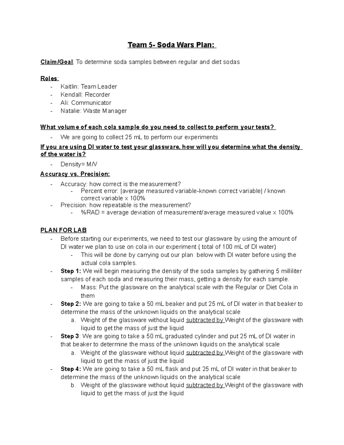 Team 5-soda wars plan - soda wars plan chem 131 lab - Team 5- Soda Wars Plan: Claim/Goal: To ...
