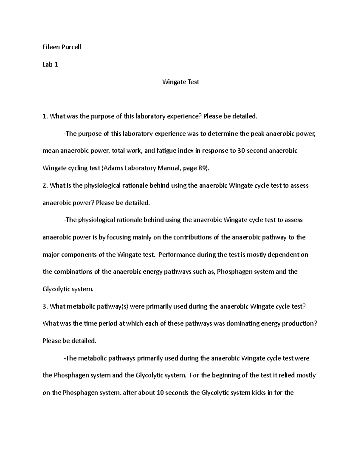 Wingate test - Eileen Purcell Lab 1 Wingate Test What was the purpose ...