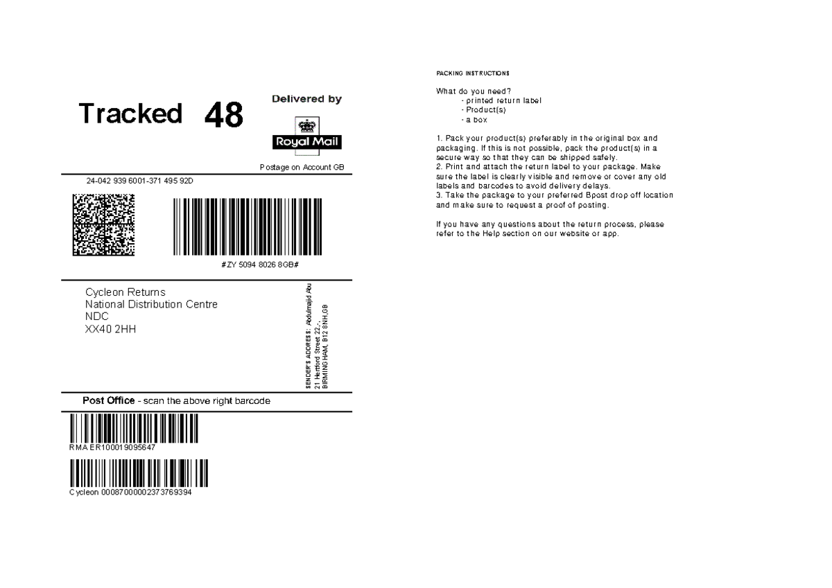 Return Label - Joffrey go ugcfftgg - Tracked 48 Postage on Account GB # ...