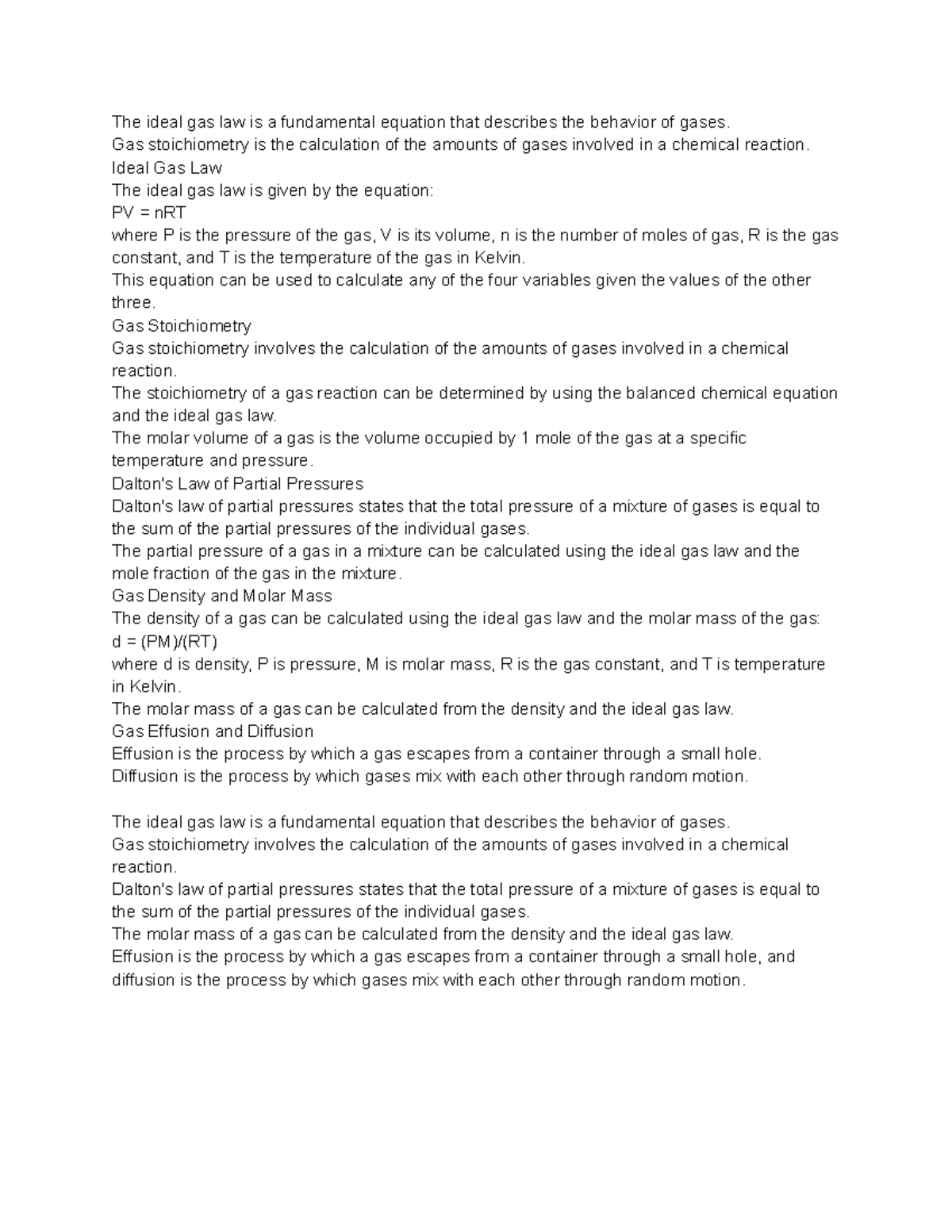 Ideal Gas Law and Gas Stoichiometry Notes - The ideal gas law is a ...